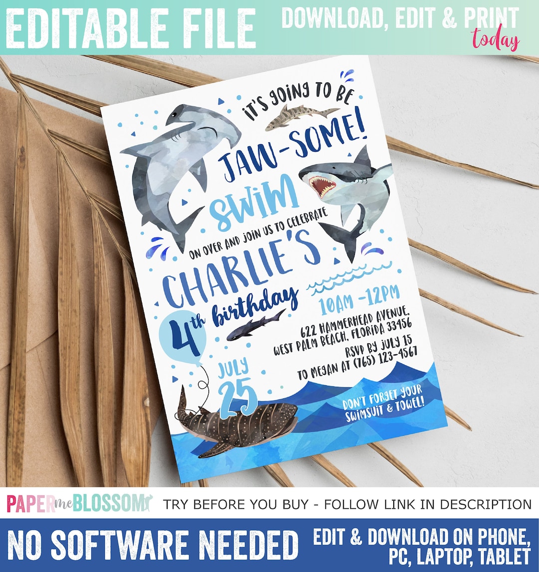 Editable Shark Jaw-some Pool Party Birthday Invitation - Shark Swimming ...