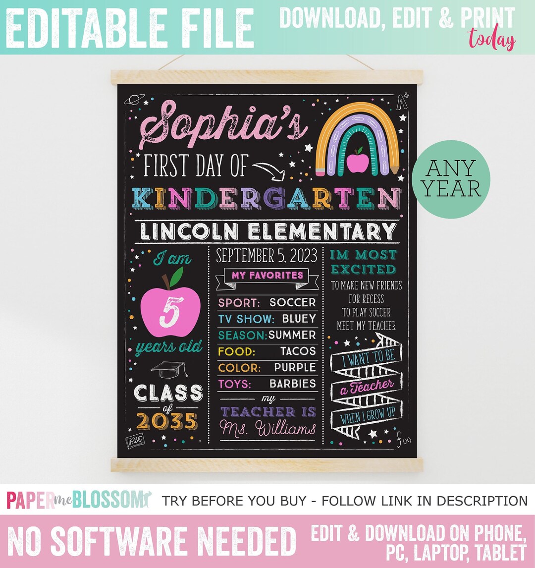 EDITABLE First Day of School Rainbow/back to School Chalkboard Stats ...