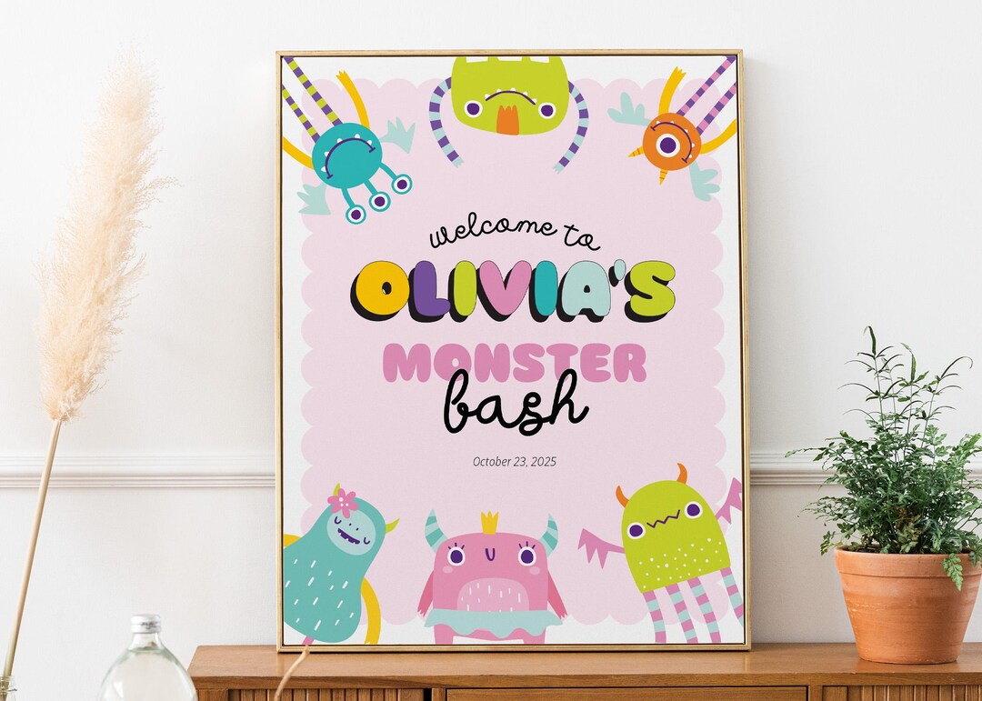EDITABLE Little Monster Girl Birthday Welcome Poster - Monster Birthday ...