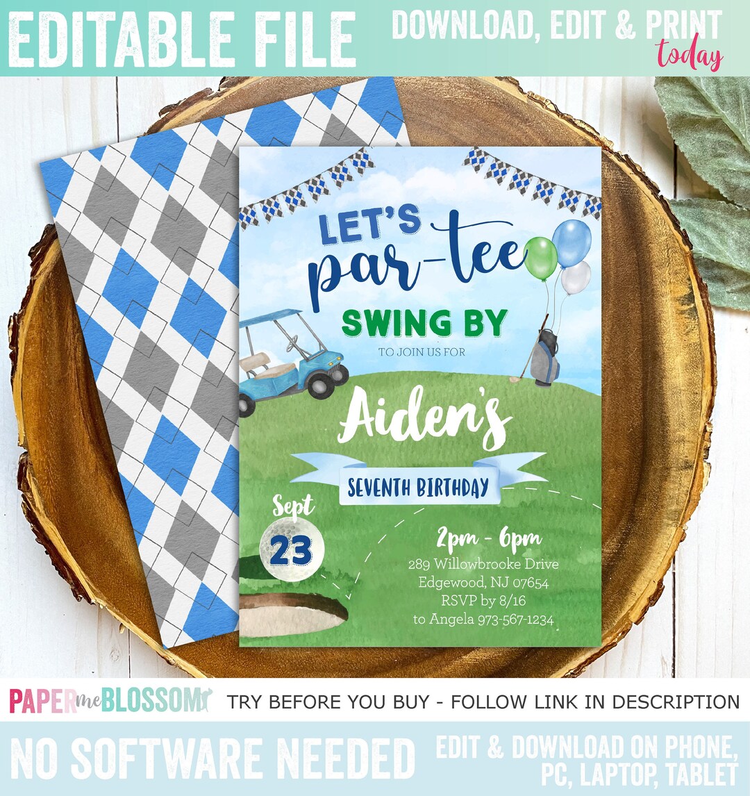 Editable Let's Par-tee Golf Boy Birthday Invitation - Golf Sports Boy ...