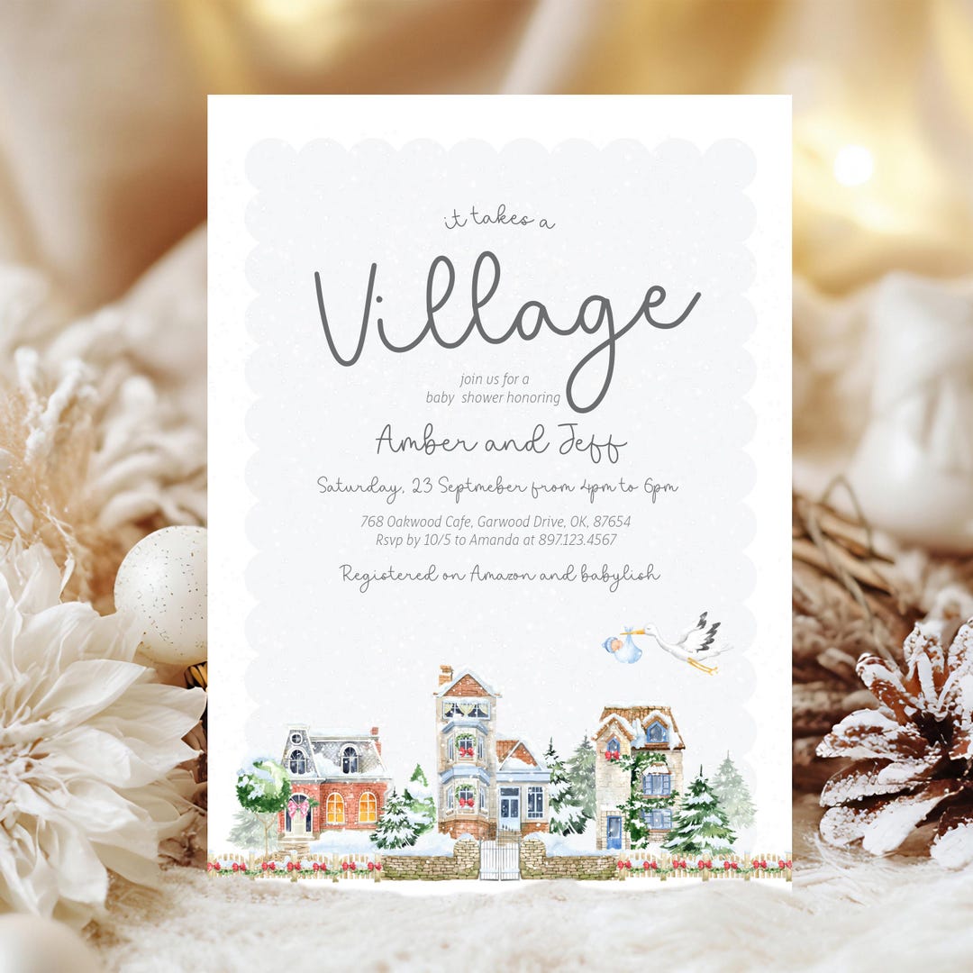 Editable It Takes a Village Baby Shower Invitation - Winter Christmas ...