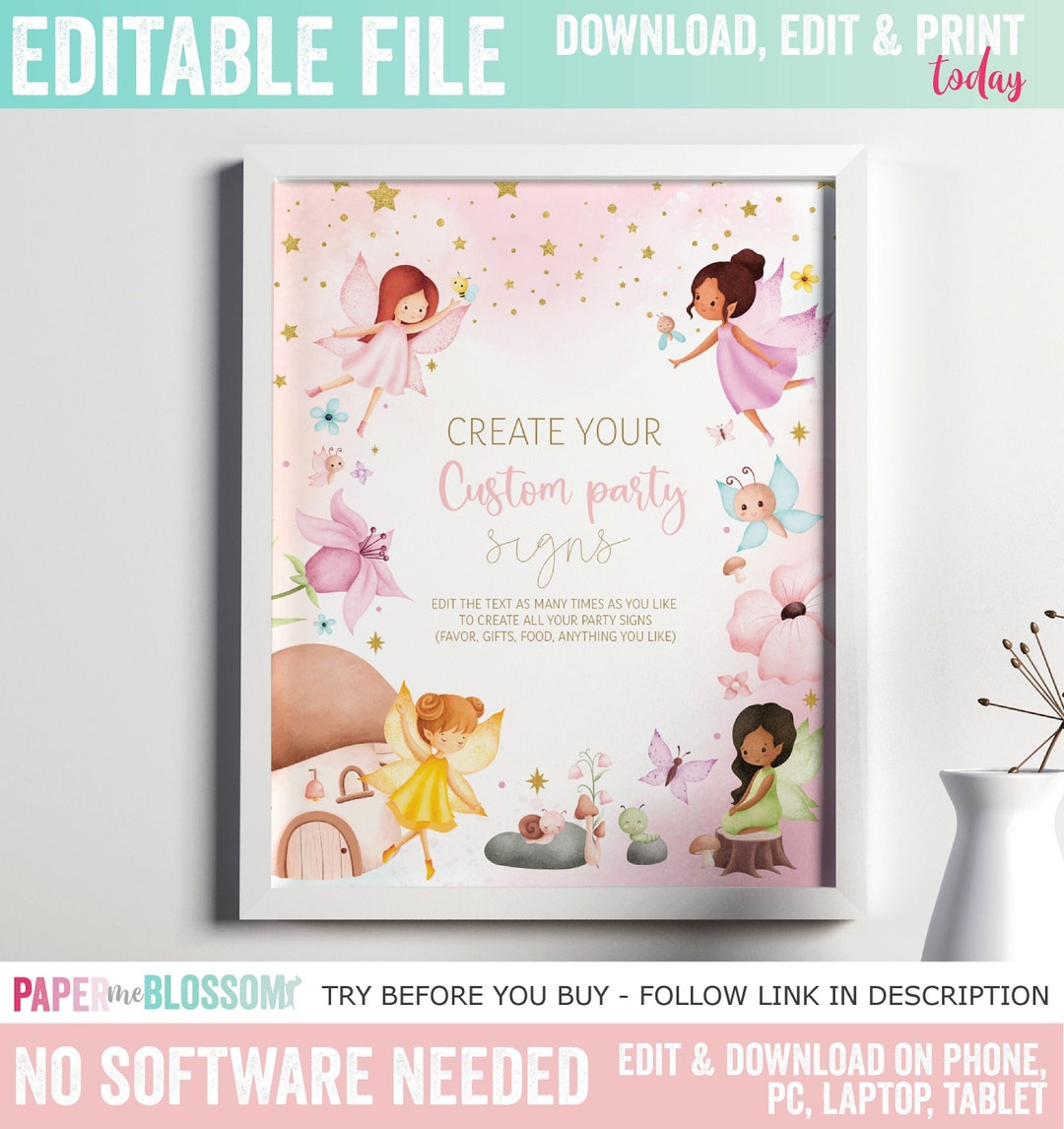 EDITABLE Fairy Whimsical Enchanted Pixie Birthday Custom Sign ...