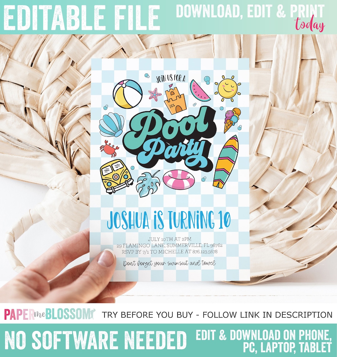 Editable Retro Groovy Summer Pool Party Birthday Invitation - Pool ...