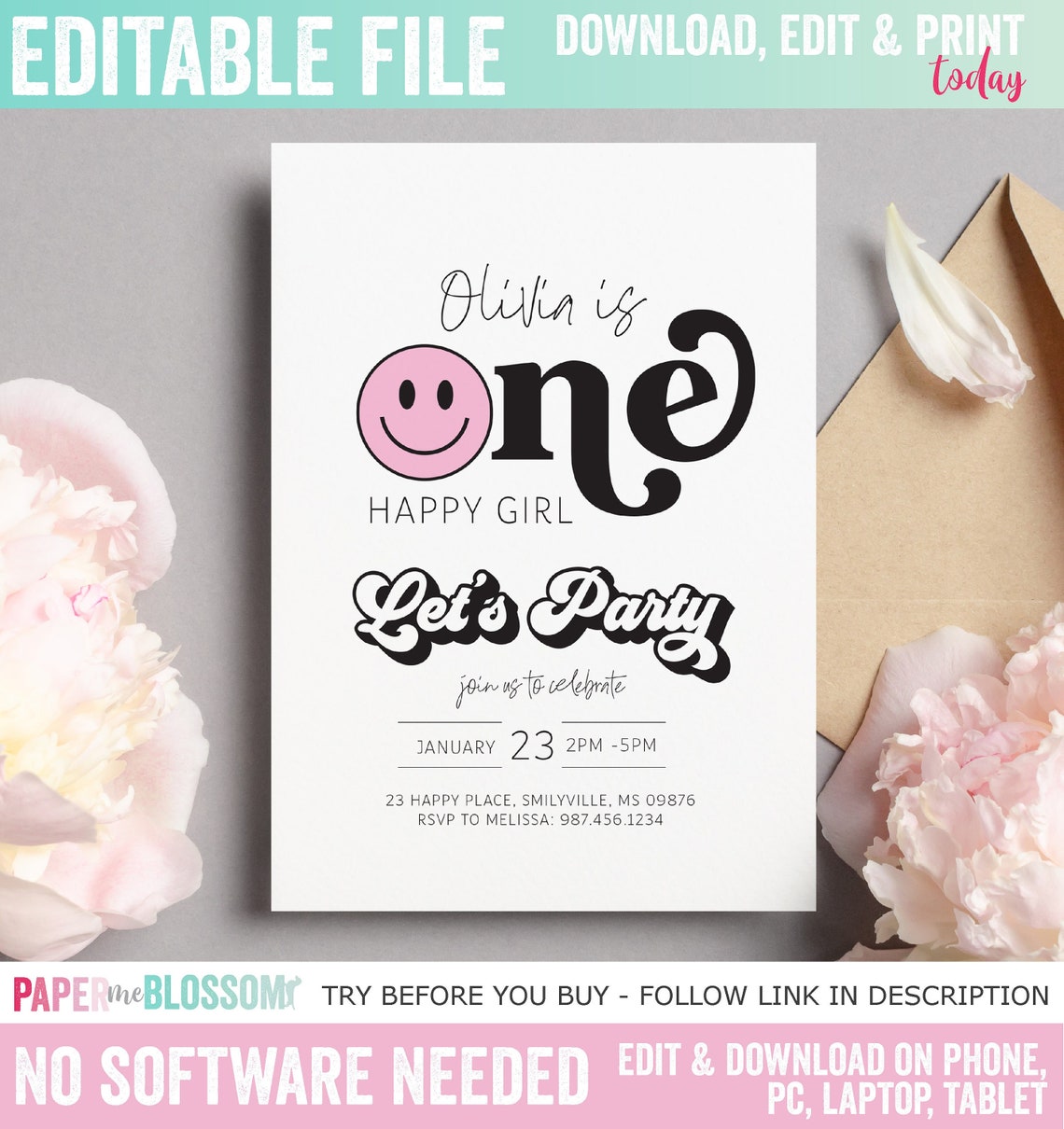 Editable One Happy Girl Retro Smiley Face Birthday Invitation-retro ...