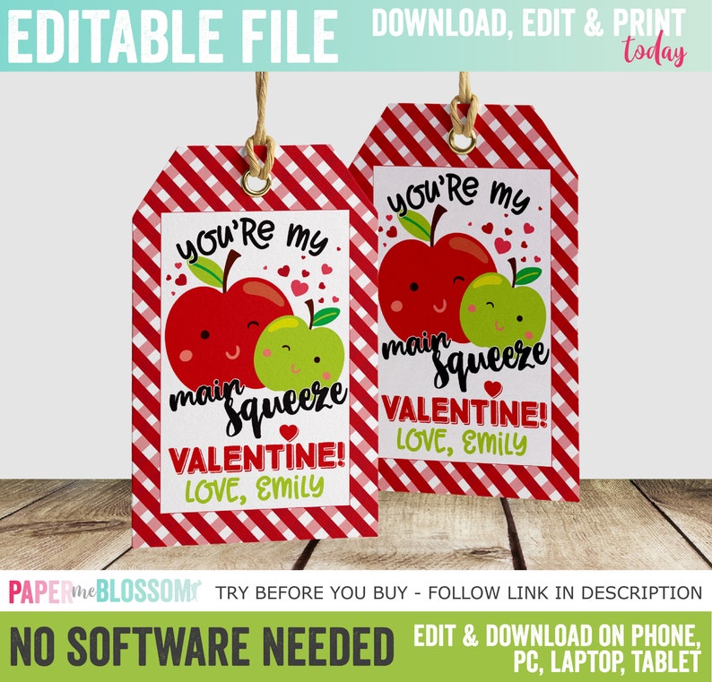 EDITABLE You're My Main Squeeze Applesauce Valentines Day | Etsy