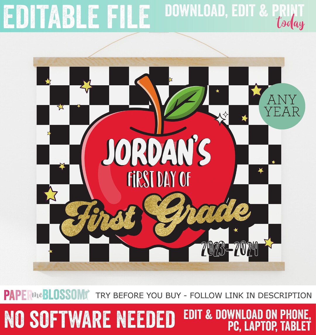 EDITABLE First Day of School Retro Apple Custom Sign ANY GRADE - Back ...