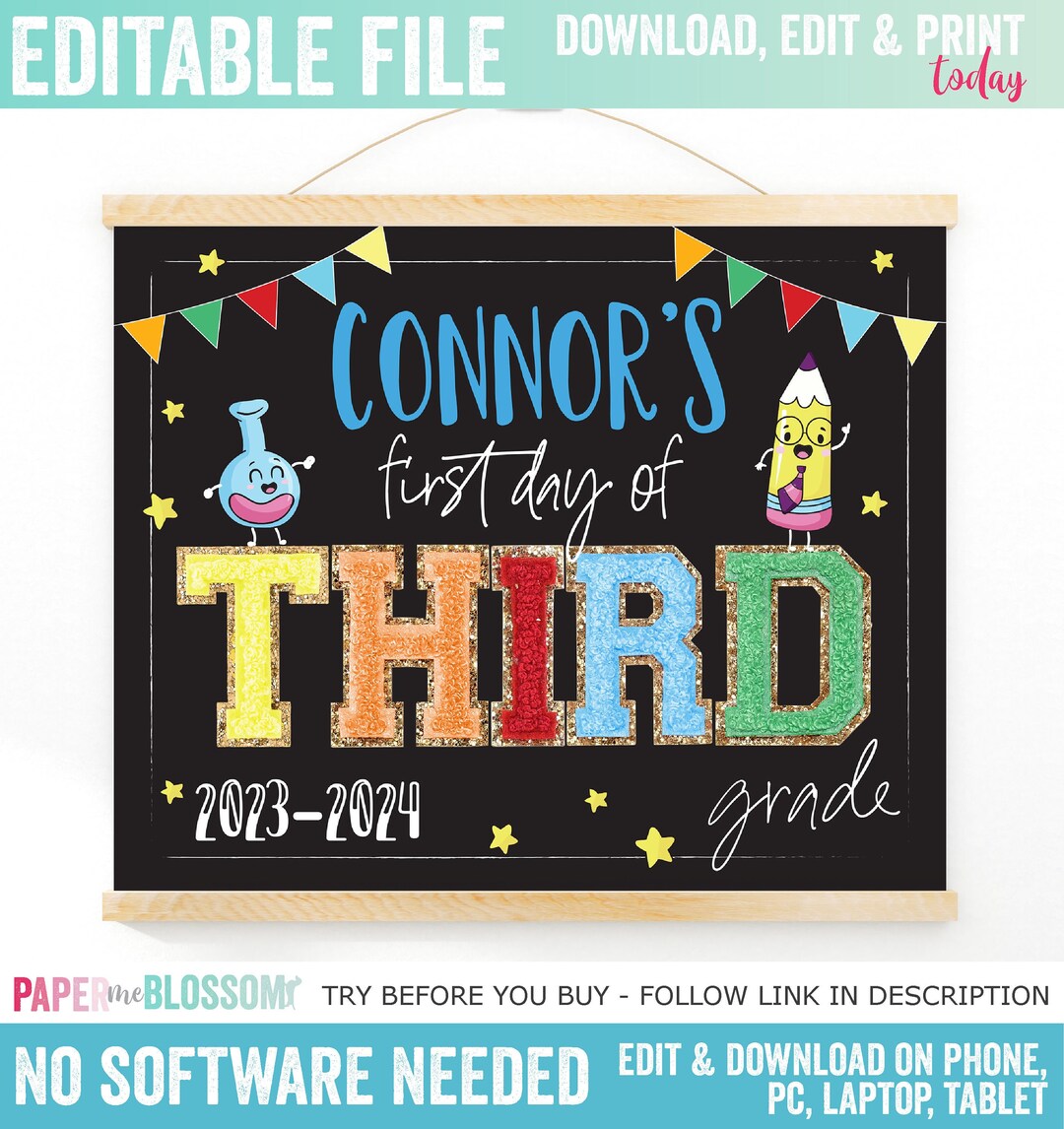 EDITABLE First Day of School THIRD GRADE Custom Sign/back to School ...