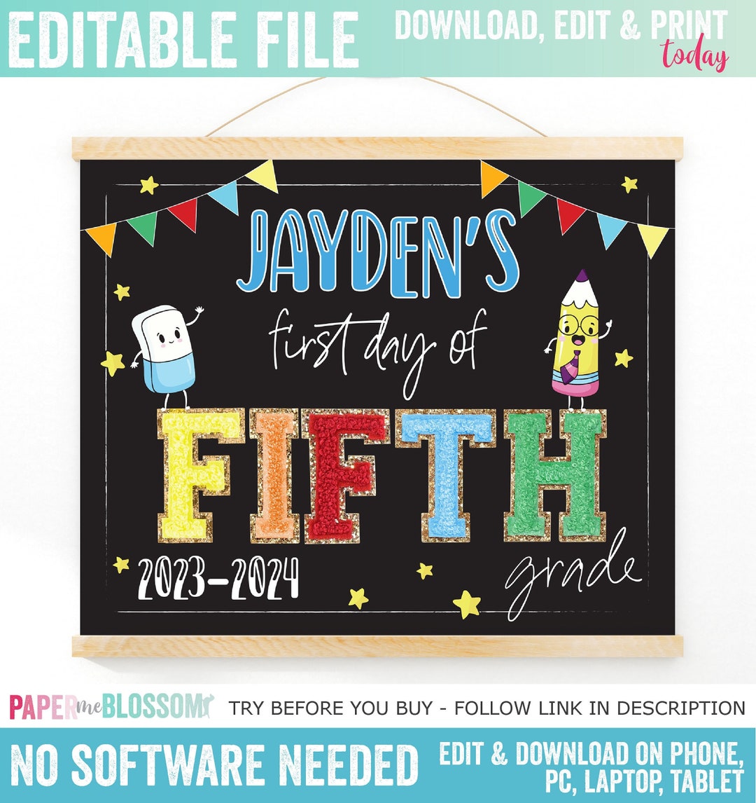 EDITABLE First Day of School FIFTH GRADE Custom Sign/back to School ...