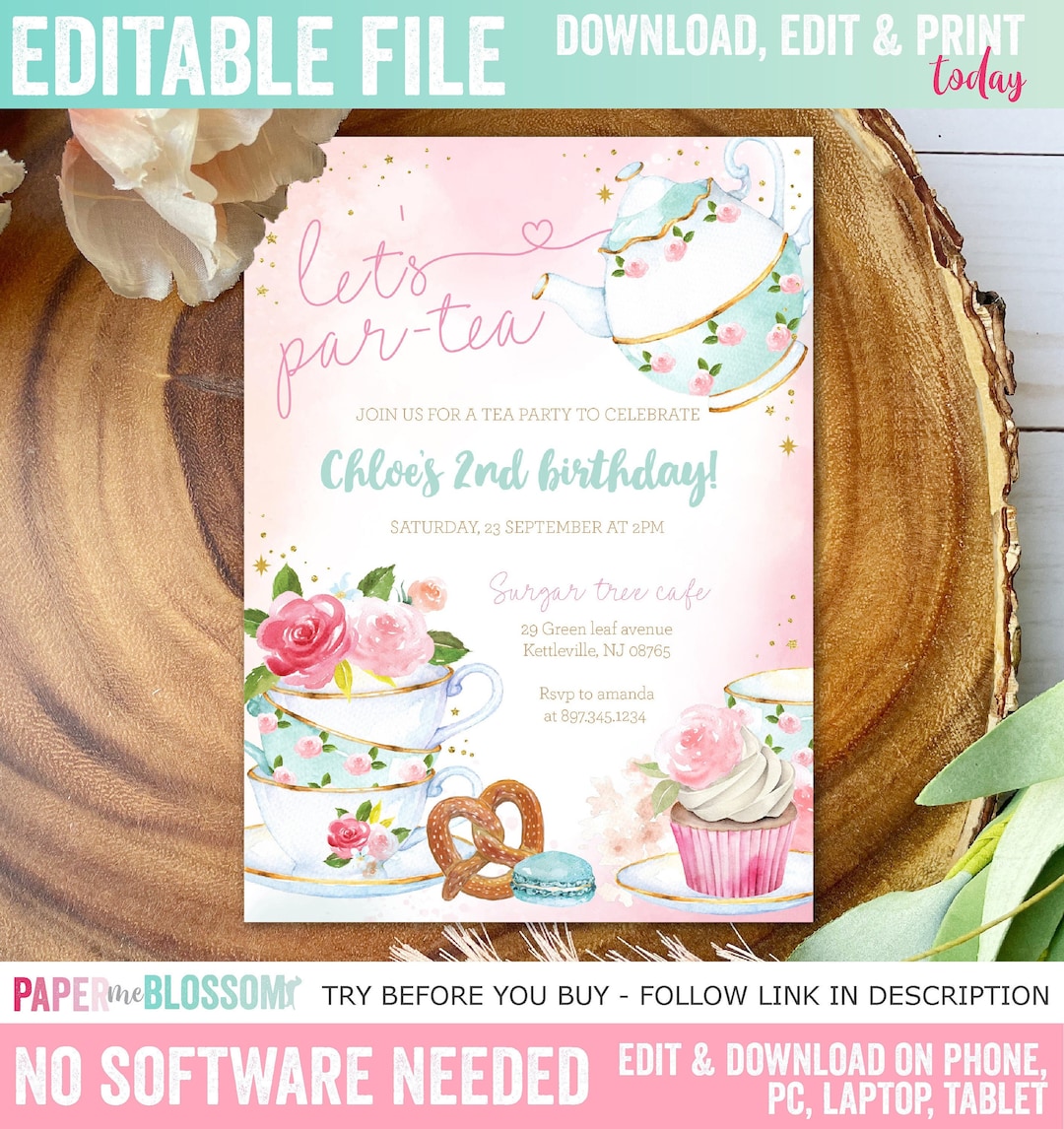 Editable Let's Par-tea Tea for Two Birthday Invitation - Whimsical Tea ...