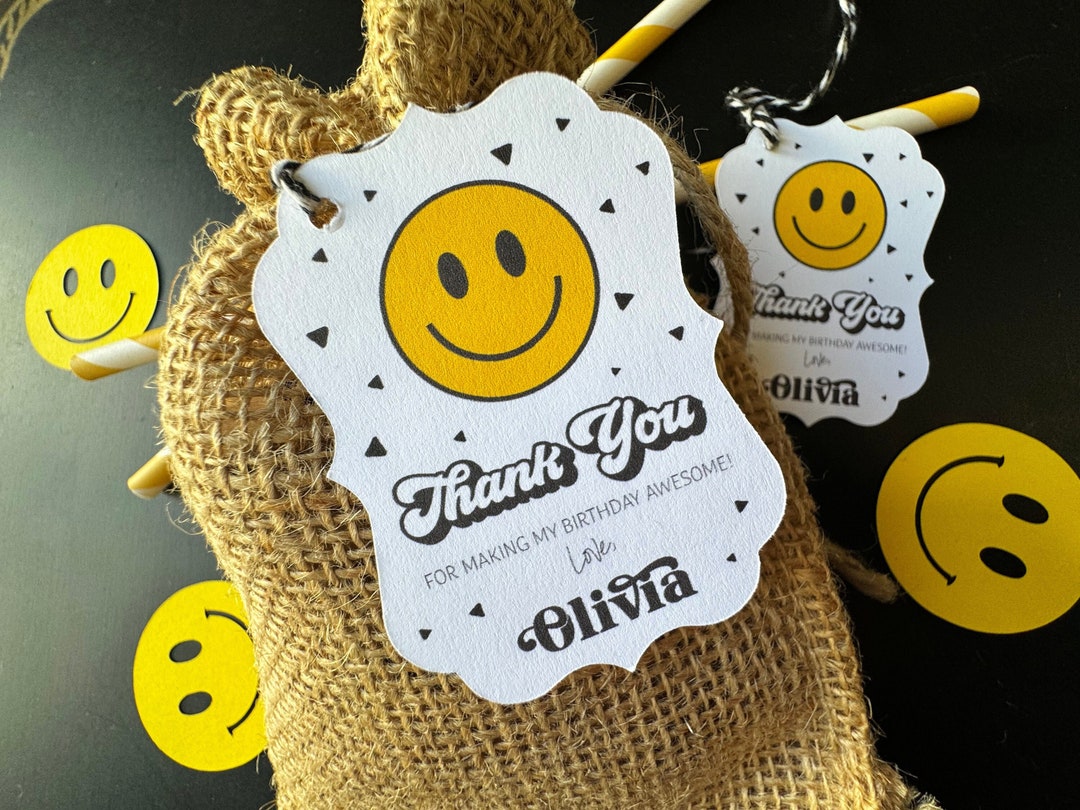12 Retro Smiley Face Favor Thank You Tag - Yellow Smiley Face Preppy ...