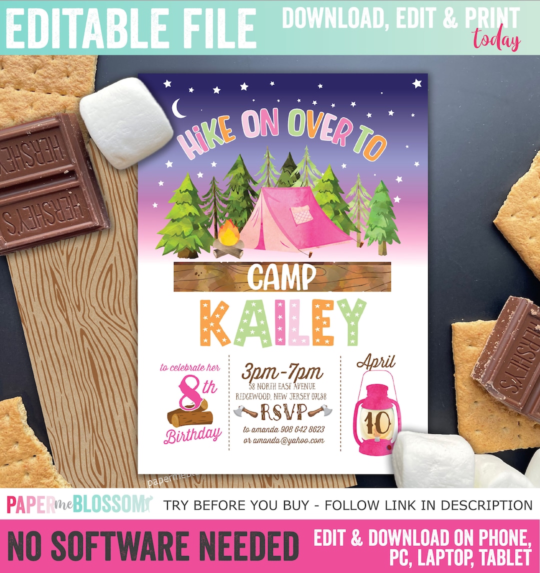 EDITABLE Hike on Over Girl Camping Invitation - Pink Camping Tent ...