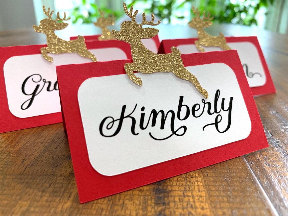 6 Reindeer Red Christmas Gold/silver Glitter Place Cards/food Labels ...