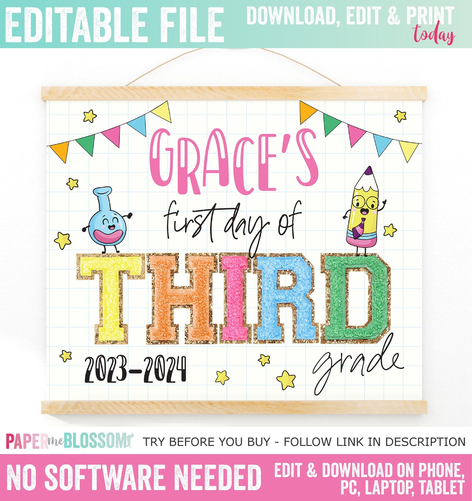 EDITABLE First Day of School THIRD GRADE Custom Sign/back to School ...