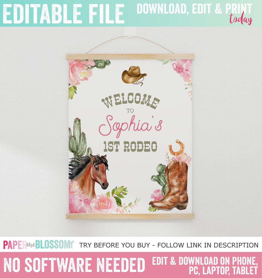 EDITABLE Cowgirl First Rodeo Birthday Welcome Poster - Girl Floral ...