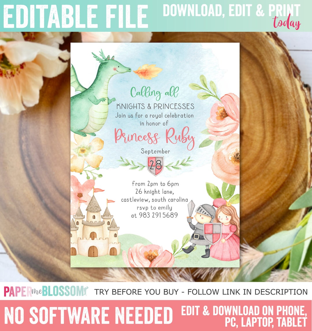 Editable Calling All Knights and Princesses Birthday Invitation ...
