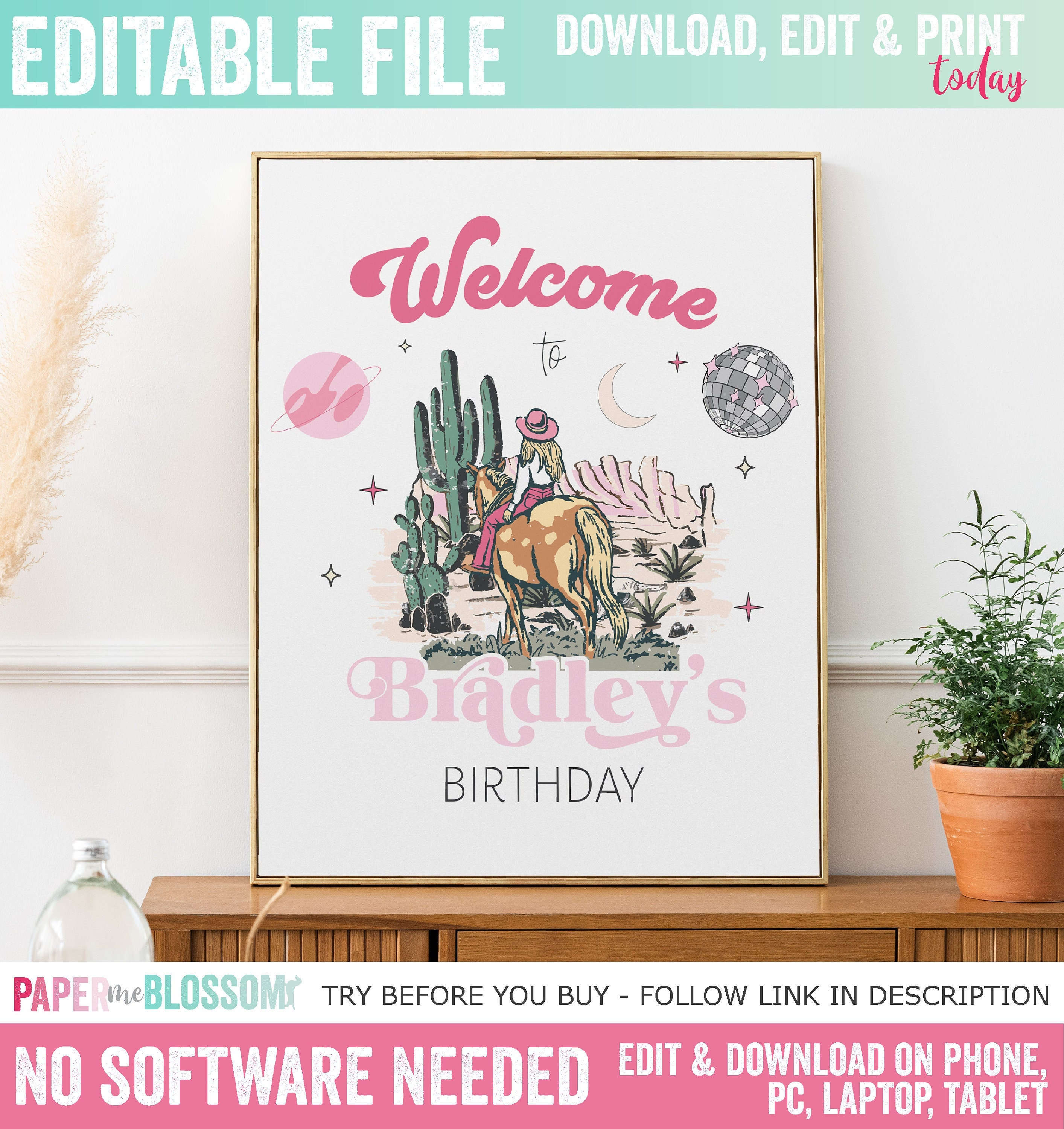 EDITABLE Space Cowgirl Birthday Welcome Poster - Retro Cosmic Space ...