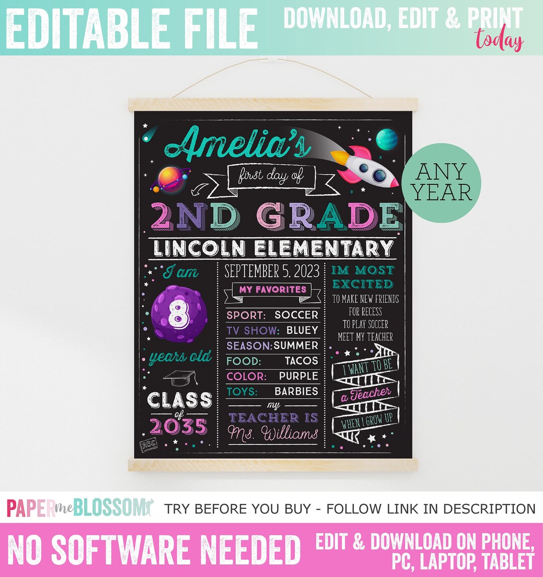 EDITABLE First Day of School Girl Space Sign/back to School Chalkboard ...