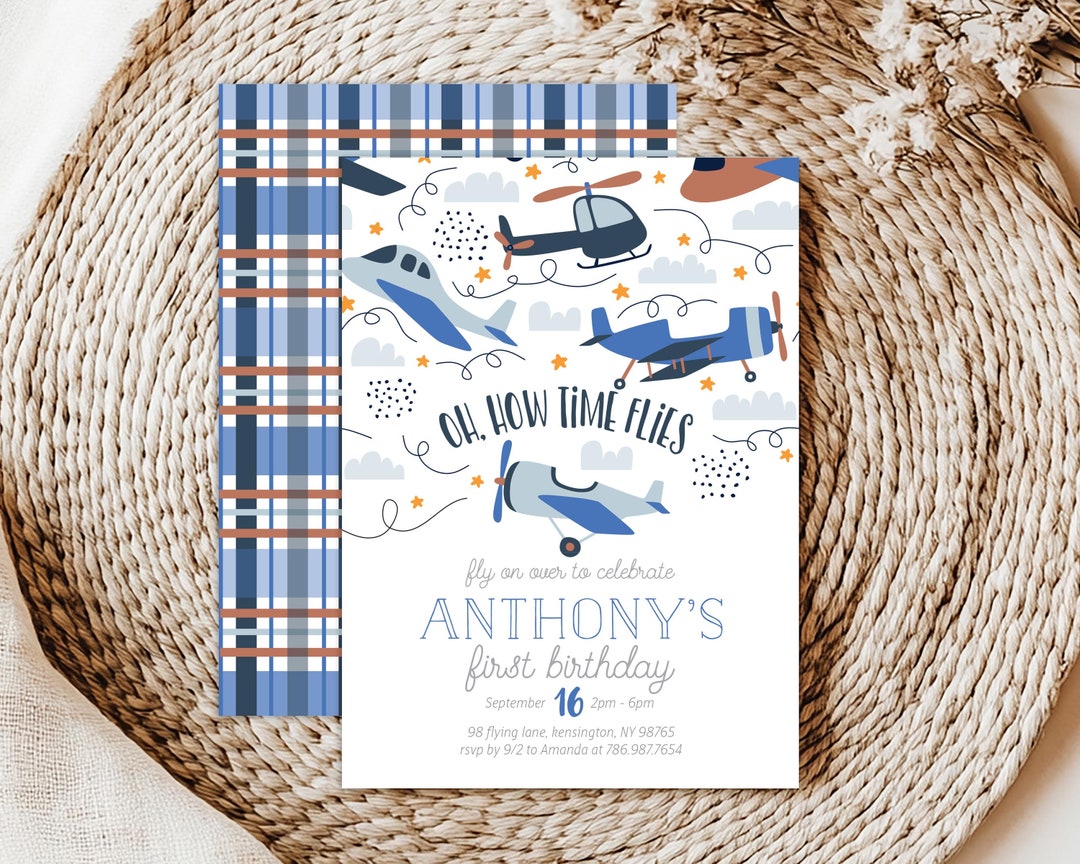 Editable Oh, How Time Flies Birthday Invitation - Boy Airplane ...
