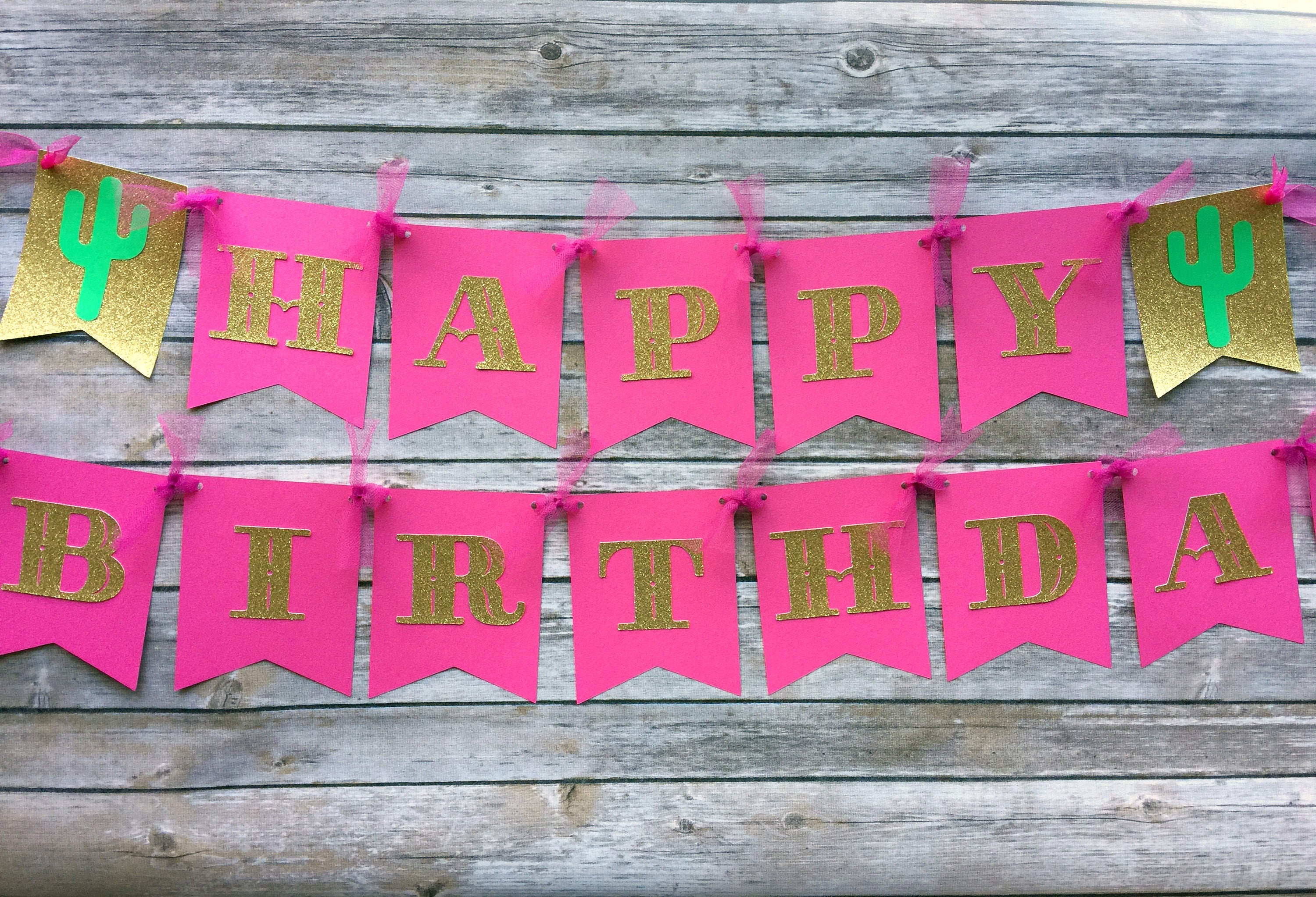 Fiesta Cactus Mexican Spanish Style Birthday Banner - Gold Glitter ...