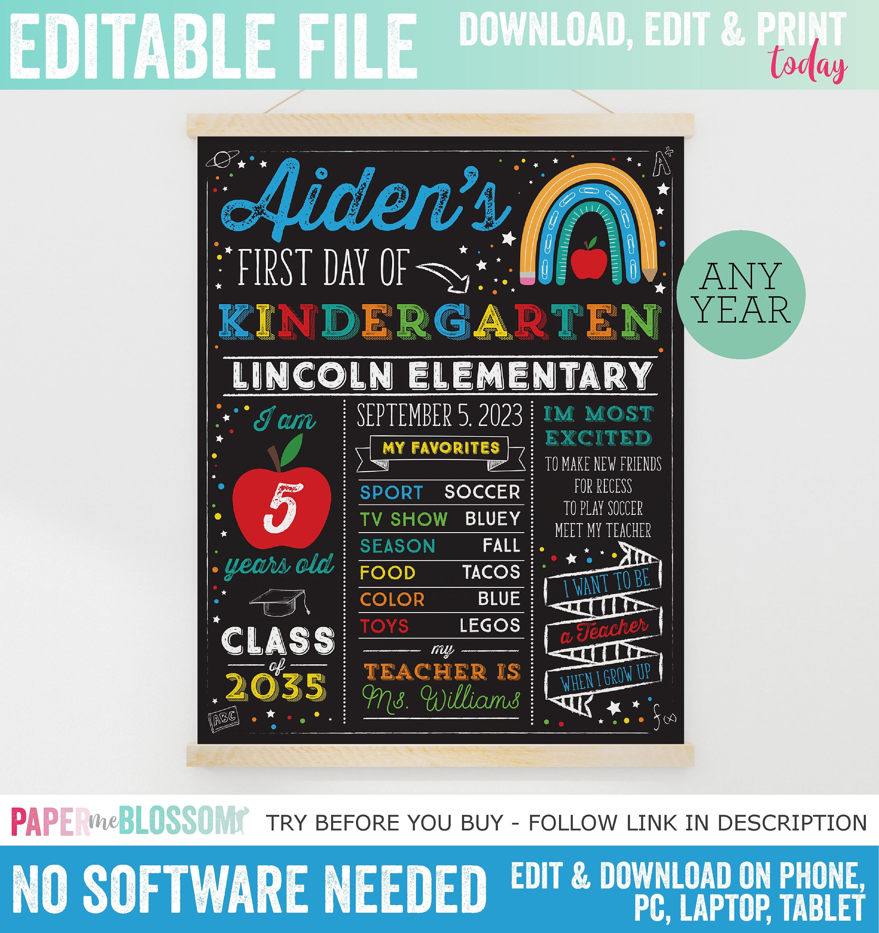 EDITABLE First Day of School Rainbow/back to School Chalkboard Stats ...