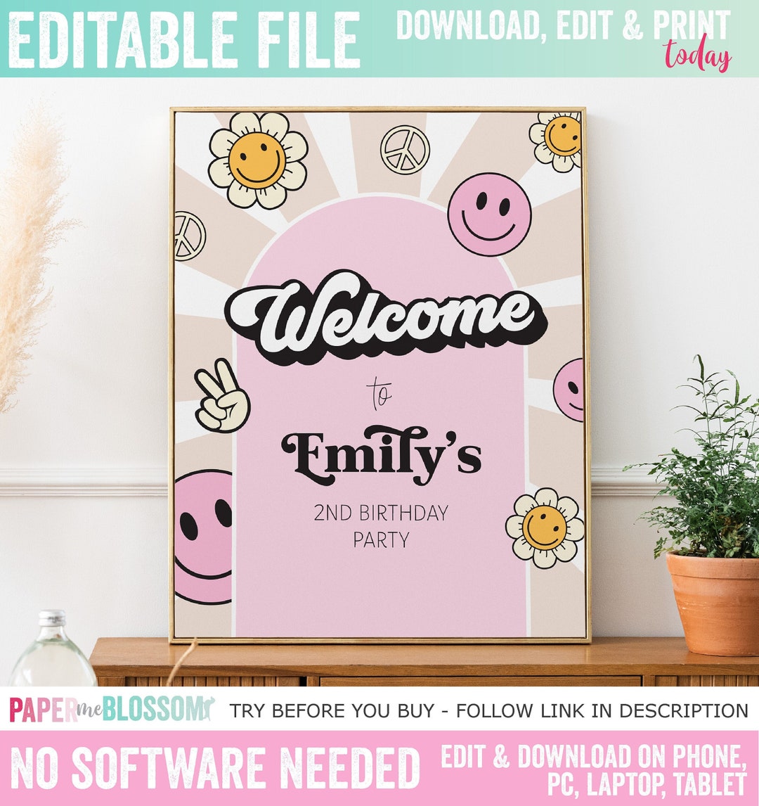 EDITABLE Two Groovy Retro Pink Smiley Face Birthday Welcome Poster ...