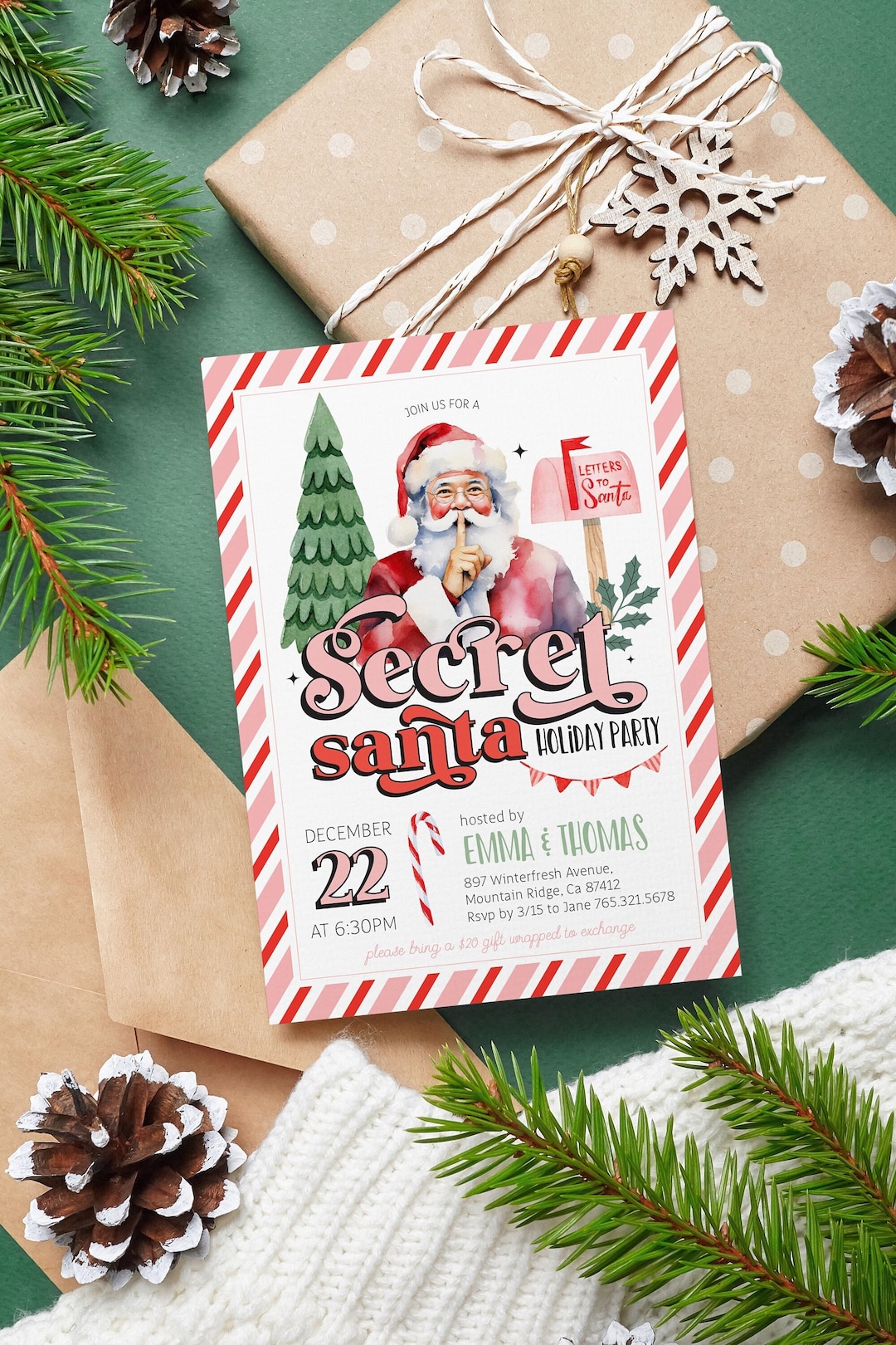 Editable Christmas Secret Santa Holiday Party Invitation - Gift Exchange Christmas Invite ...
