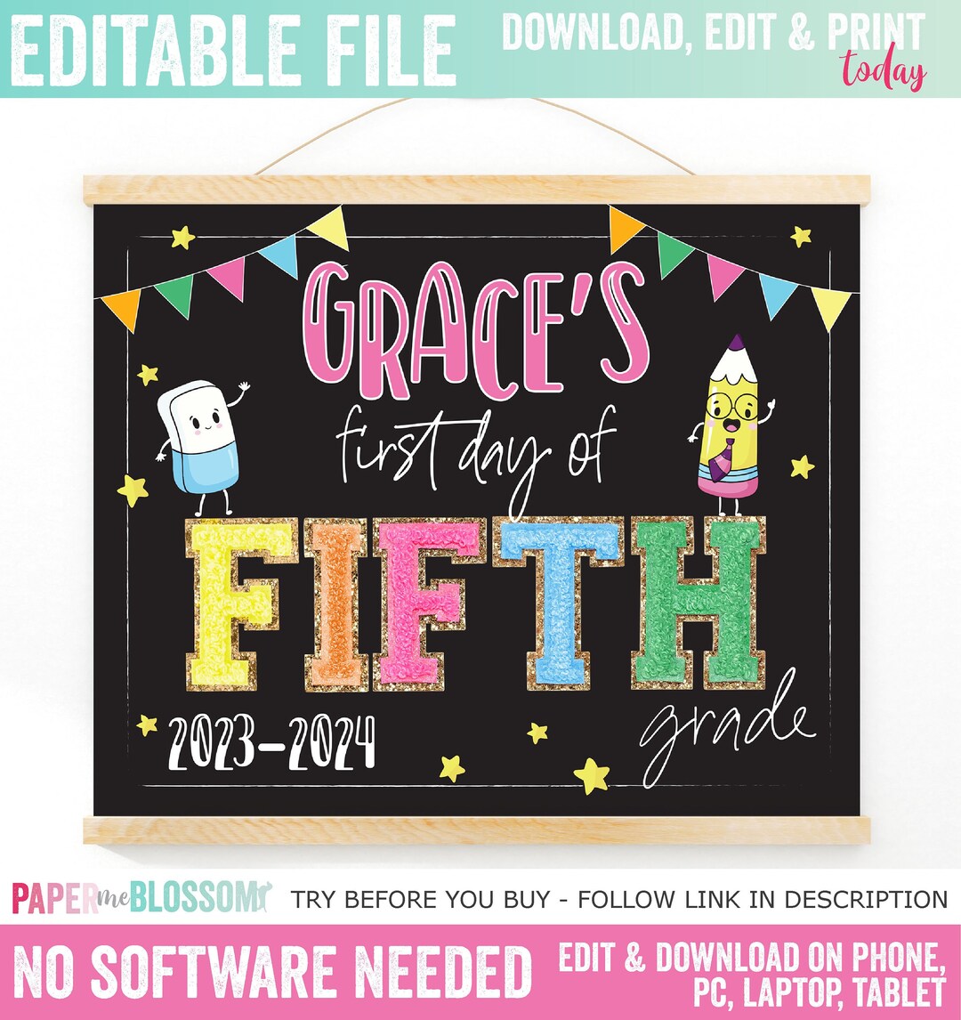EDITABLE First Day of School FIFTH GRADE Custom Sign/back to School ...