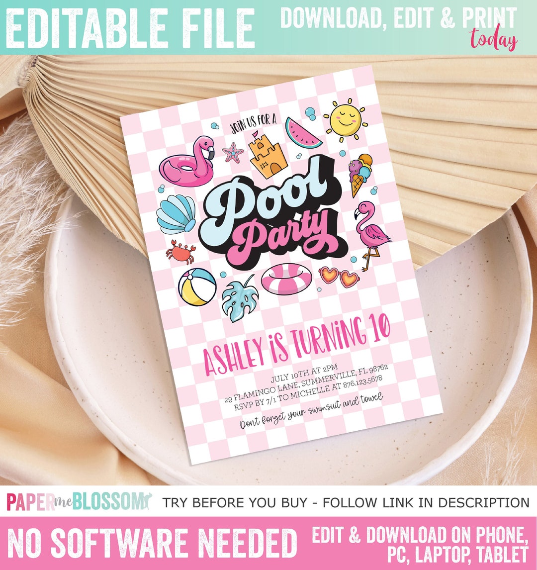 Editable Retro Groovy Summer Pool Party Birthday Invitation - Pool ...