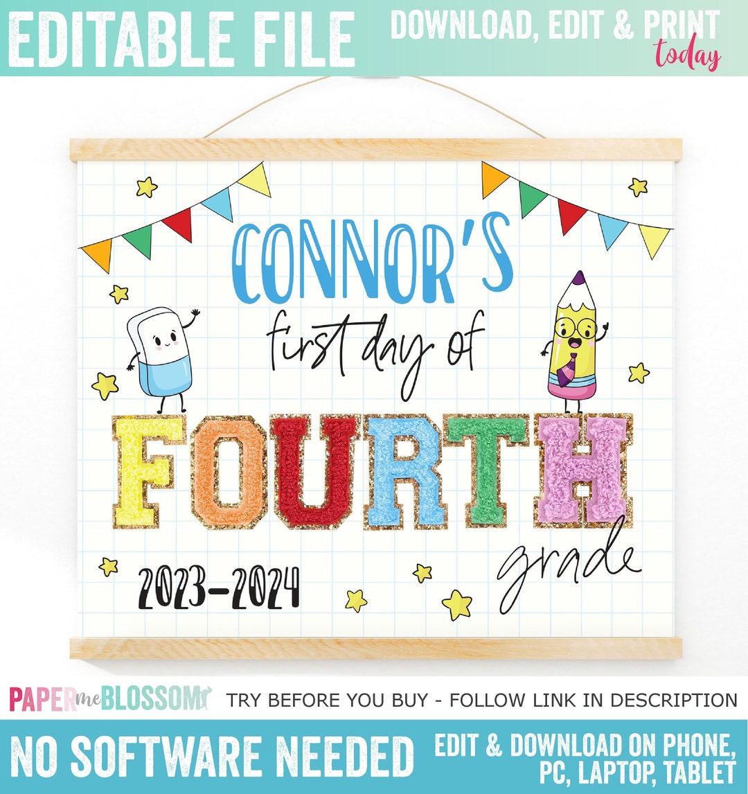EDITABLE First Day of School FOURTH GRADE Custom Sign/back to School ...
