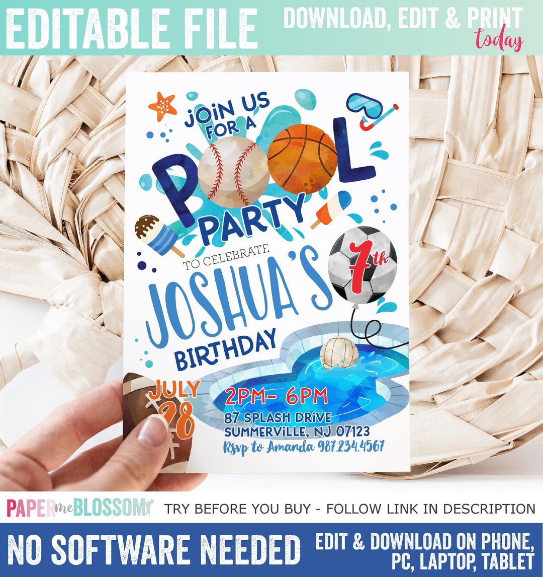 Editable Sports Balls Summer Pool Party Birthday Invitation ...