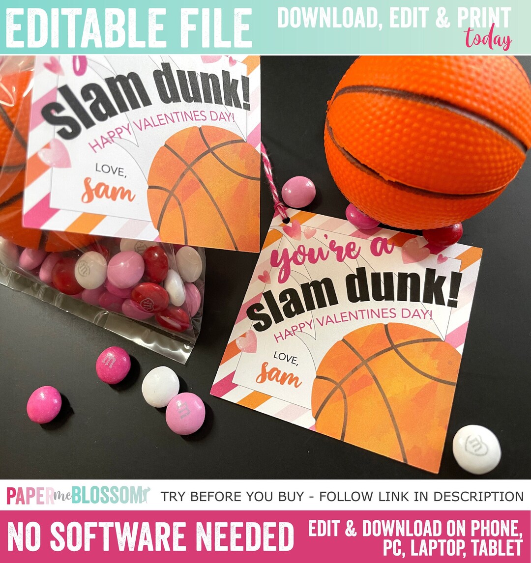 EDITABLE Valentines, Basketball You're a Slam Dunk Valentines Day Kids ...
