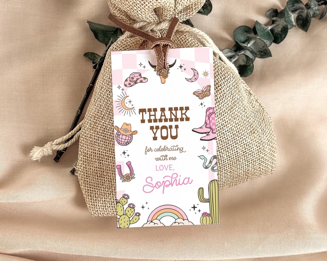 Editable Retro Cowgirl First Rodeo Birthday Thank You Favor Tag -girl ...