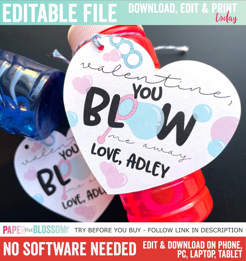 EDITABLE Bubbles Valentines You Blow Me Away Valentines Day - Etsy