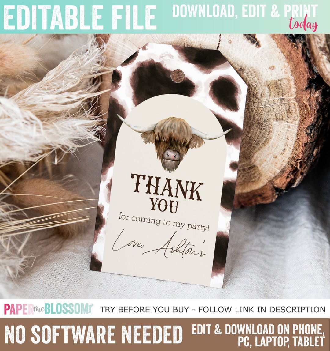 Editable Holy Cow First Birthday Thank You Favor Tag - Highland Cow ...