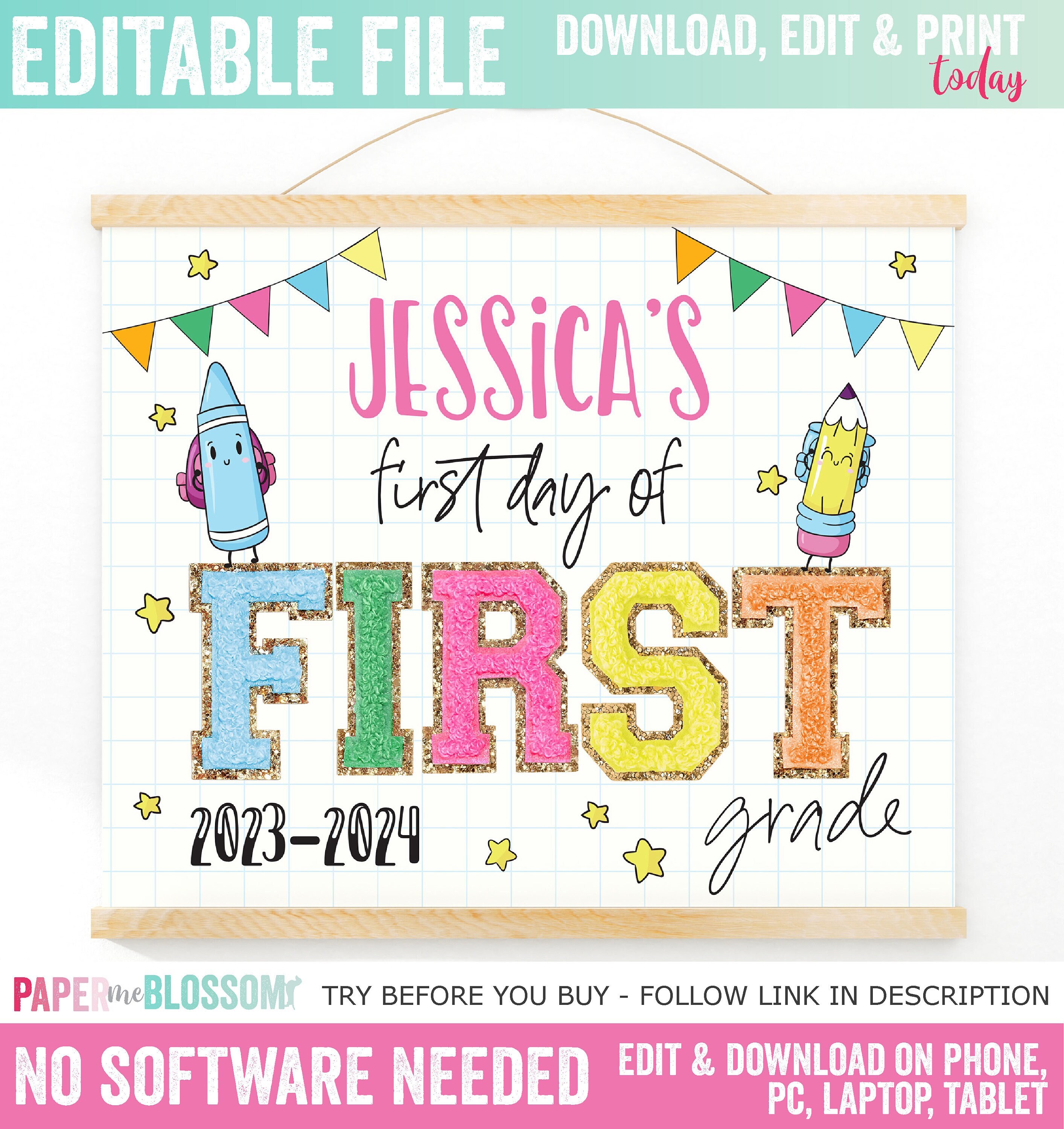 EDITABLE First Day of School FIRST GRADE Custom Sign/back to School ...