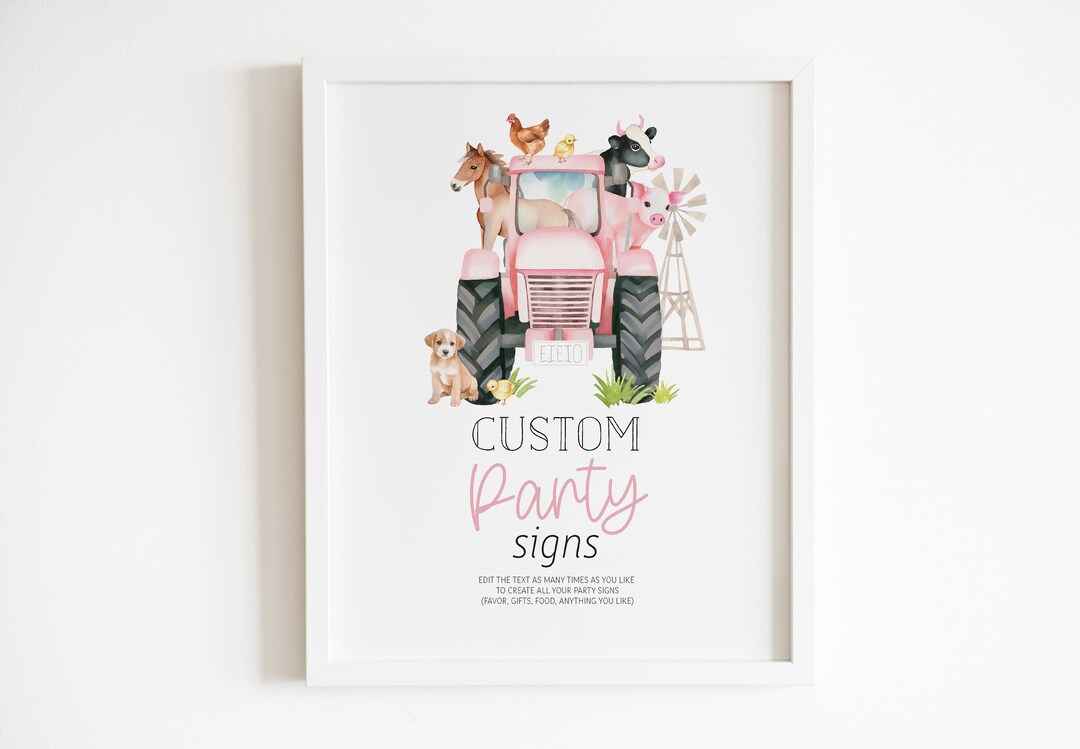 EDITABLE Farm Pink Tractor Barnyard Animal Birthday Custom Sign-tractor ...