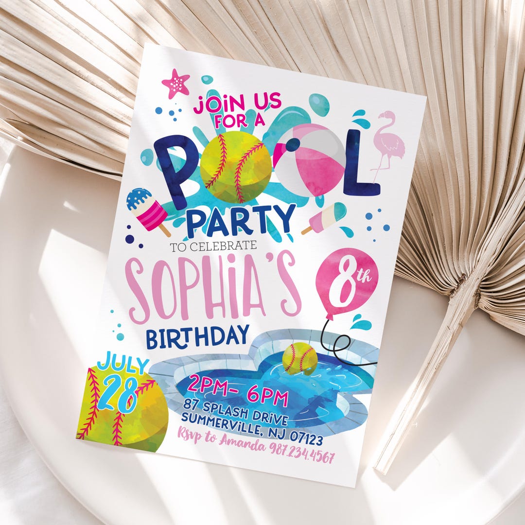 Editable Softball Summer Pool Party Birthday Invitation Girl Baseball ...