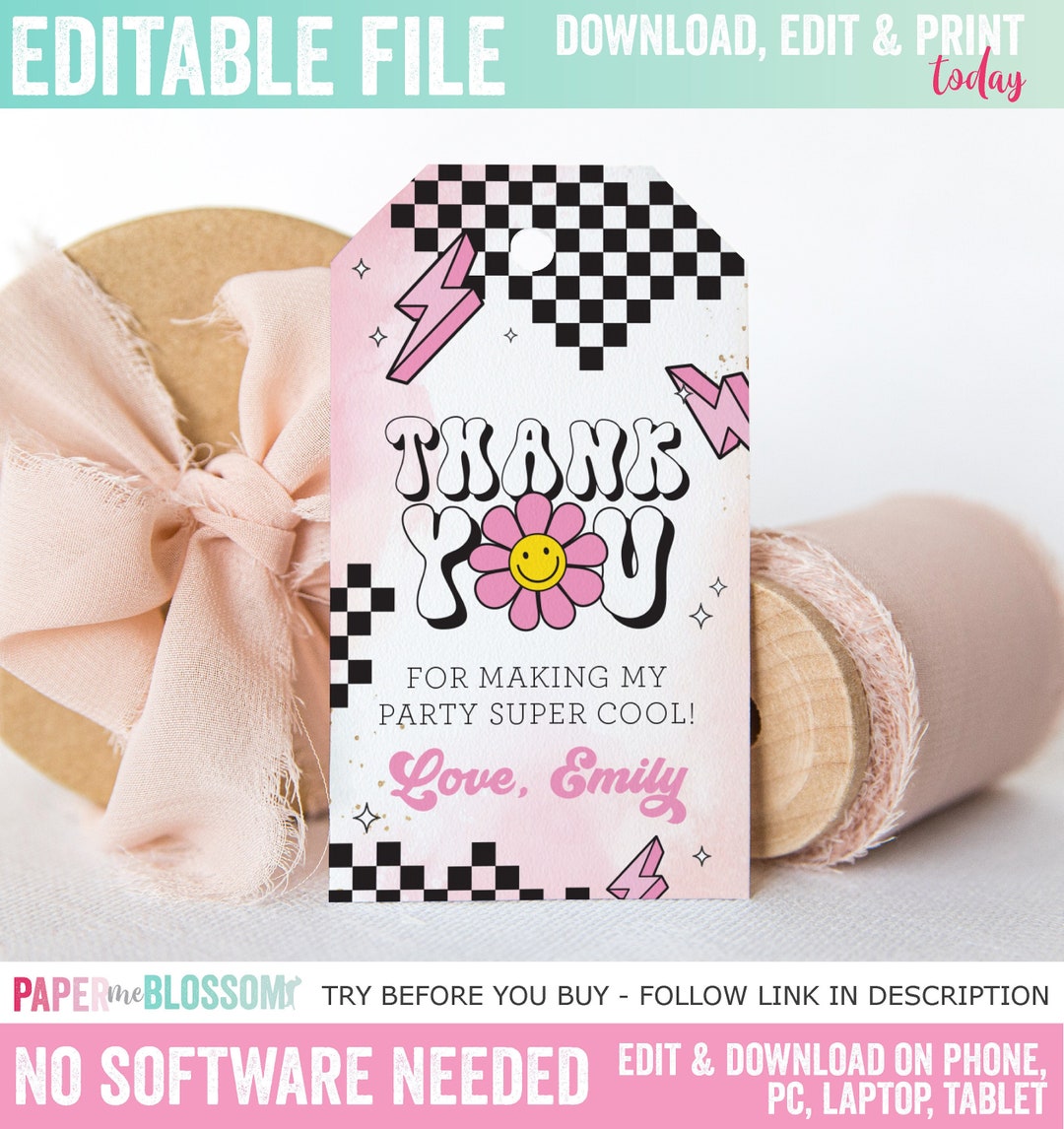 Editable One Happy Babe Retro Groovy Thank You Favor Tag - Smiley Face ...