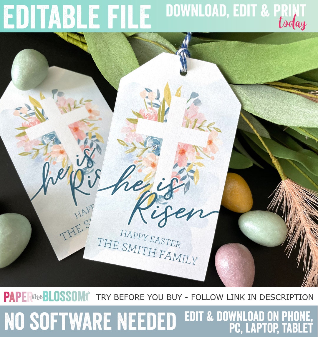 EDITABLE Easter He is Risen Cross Watercolor Floral Gift Tag ...
