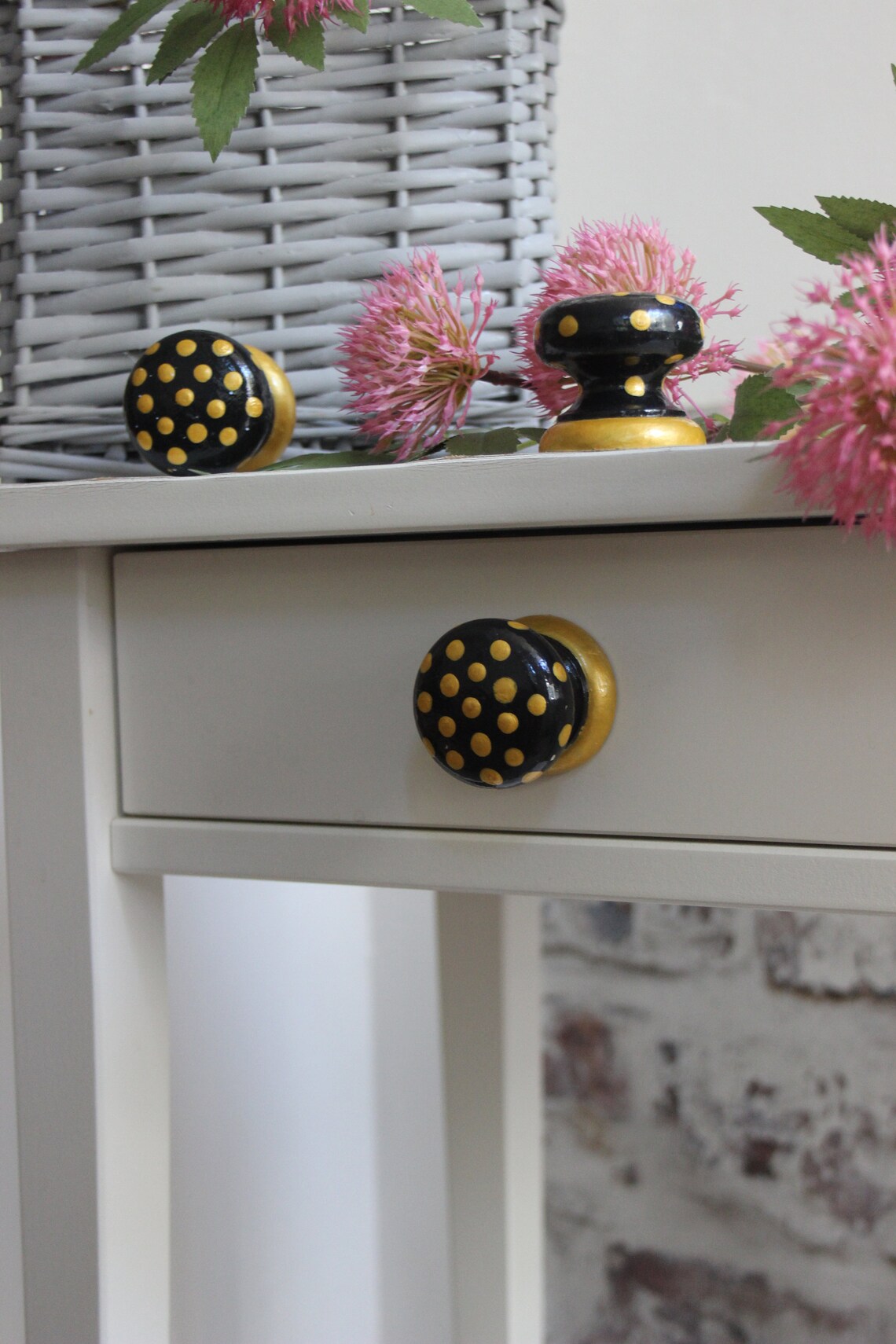 Black gold polka dot dresser and furniture knob hand painted | Etsy
