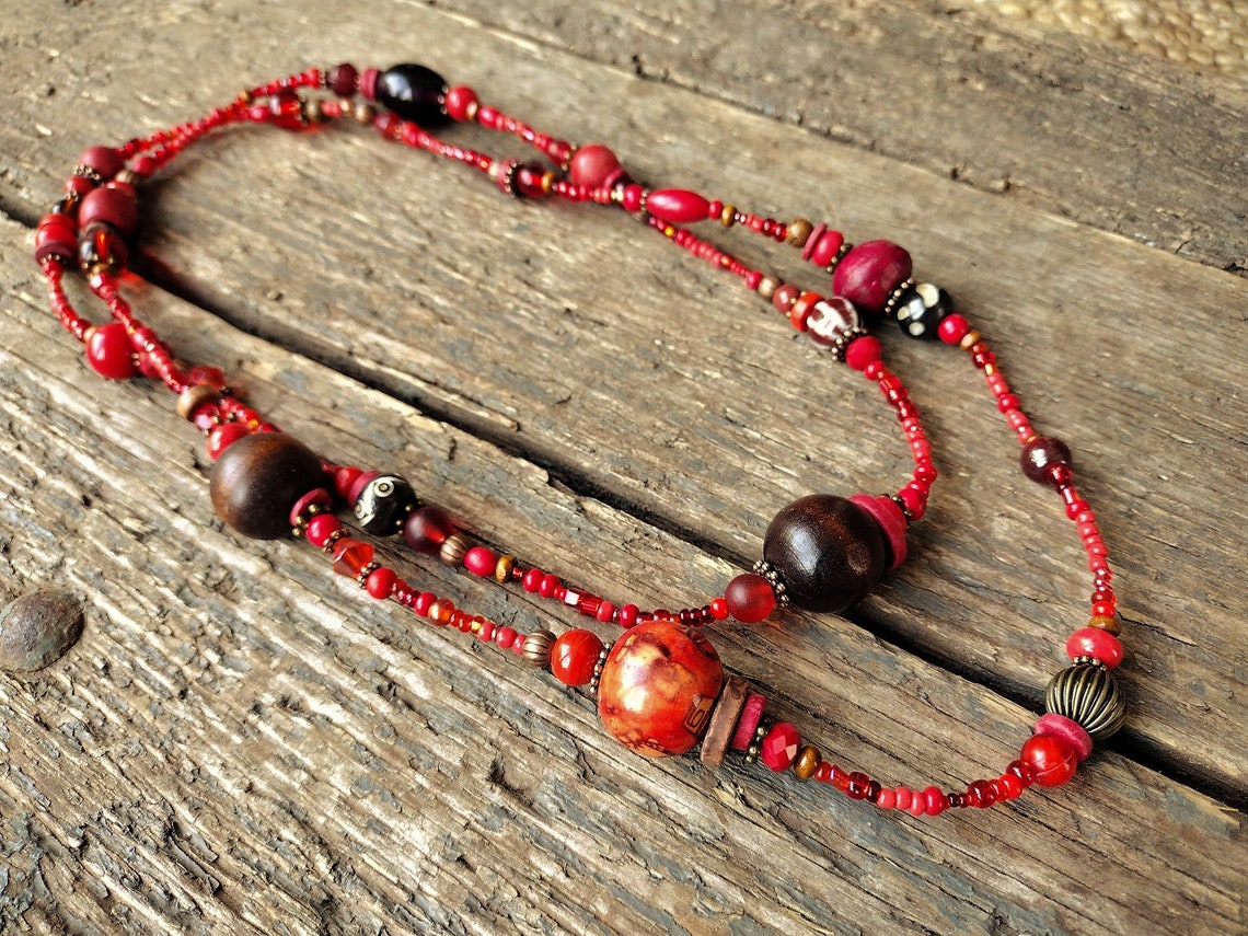 Long red necklace red bead necklace beaded necklace red | Etsy