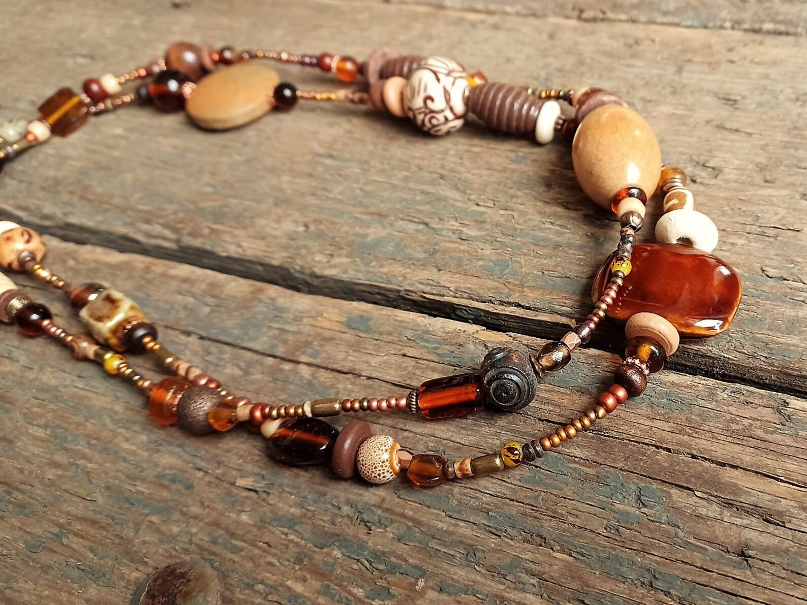 Long Brown Necklace Brown Bead Necklace Long Boho Necklace - Etsy