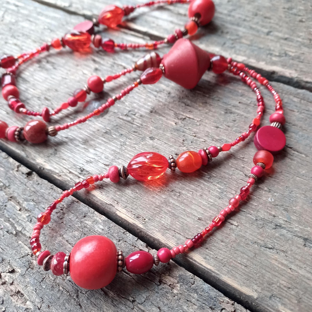 Long Red Necklace, Red Bead Necklace, Beaded Necklace, Red Boho ...