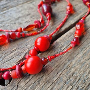 Long Red Necklace, Red Bead Necklace, Beaded Necklace, Red Boho ...