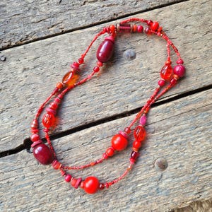 Long Red Necklace, Red Bead Necklace, Beaded Necklace, Red Boho ...