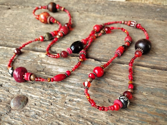 Long red necklace red bead necklace beaded necklace red | Etsy
