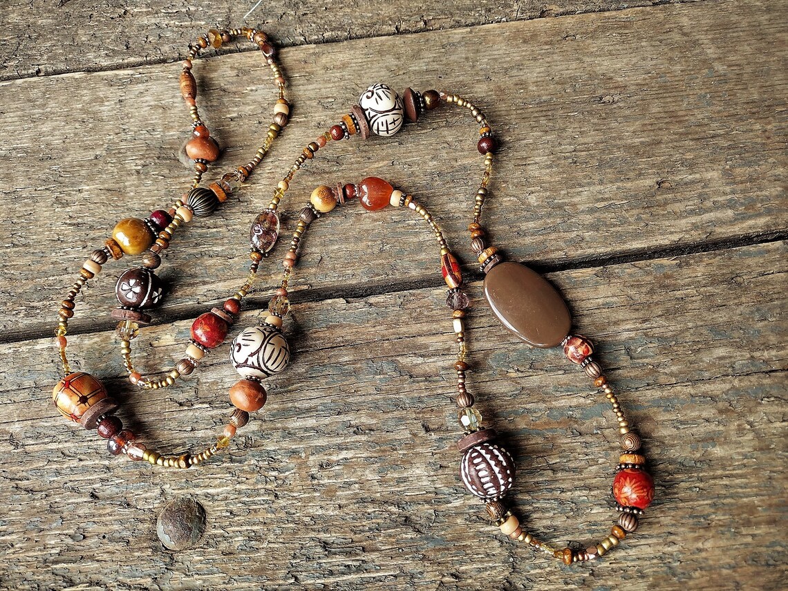 Long brown necklace brown bead necklace long boho necklace | Etsy