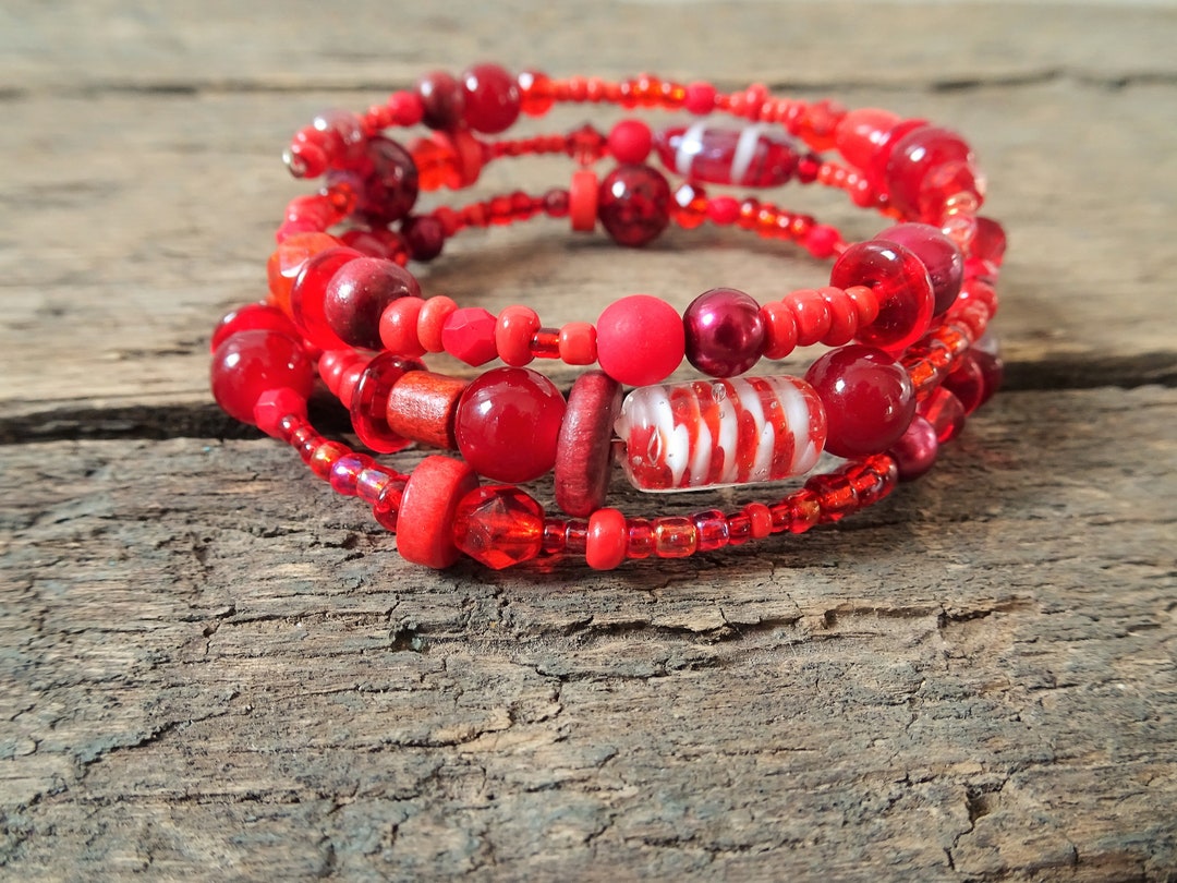 Red Wrap Bracelet, Red Beaded Bracelet, Red Boho Bracelet, Memory Wire ...