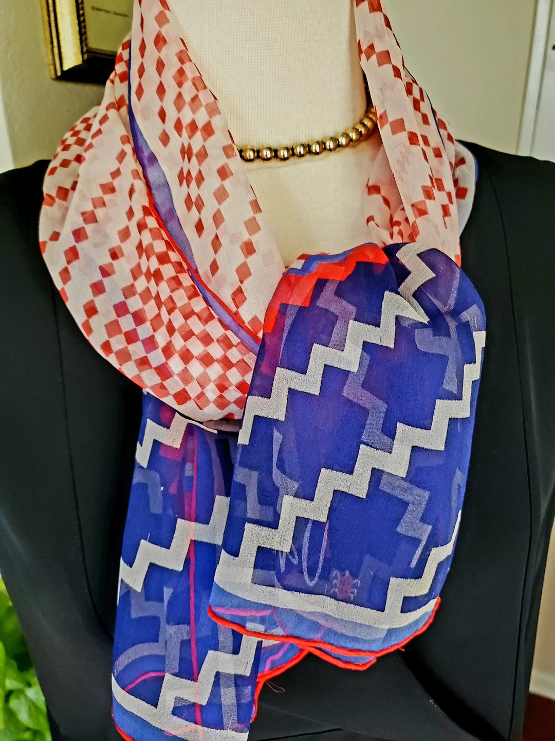 VERA NEUMANN LADYBUG Long Geometric Scarf Red Blue White Crepe Chiffon ...