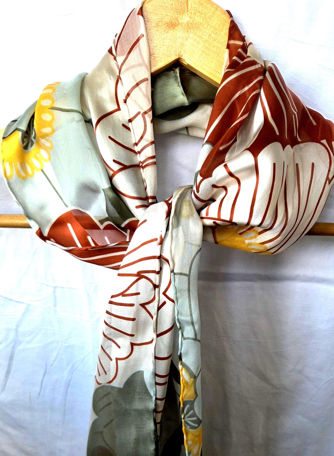 Silk Satin Scarf Oblong European Floral Design Classic Hand Rolled ...